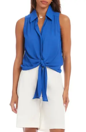 Karen Kane Sleeveless Tie-Front Crepe Top Blue