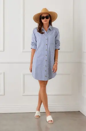 Karen Kane Ruched Sleeve Stripe Shirt Dress