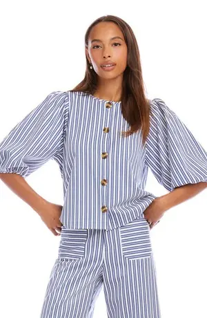 Karen Kane Puff Sleeve Button-up Shirt - Blue/white