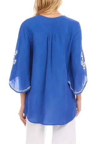 Karen Kane Embroidered Asymmetric Hem Linen Blend Top - Blue