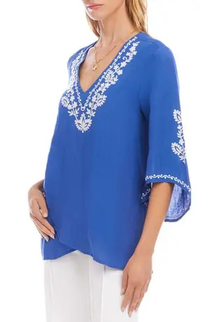Karen Kane Embroidered Asymmetric Hem Linen Blend Top - Blue