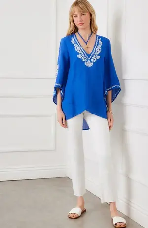 Karen Kane Embroidered Asymmetric Hem Linen Blend Top - Blue