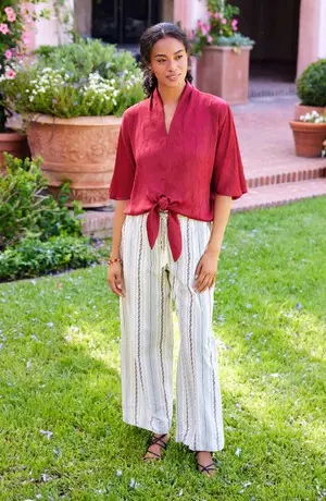 Karen Kane Flare Sleeve Tie Front Satin Top - Red