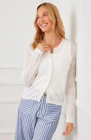 Karen Kane Pointelle Stitch Cotton Blend Cardigan - White