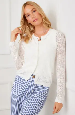 Karen Kane Pointelle Stitch Cotton Blend Cardigan - White