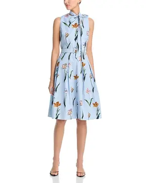Rickie Freeman For Teri Jon Cotton Print Tie Neck Dress