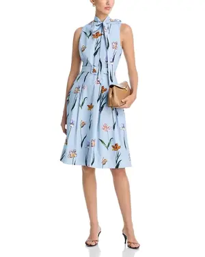 Rickie Freeman For Teri Jon Cotton Print Tie Neck Dress