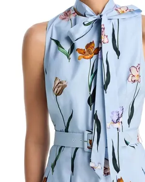 Rickie Freeman For Teri Jon Cotton Print Tie Neck Dress