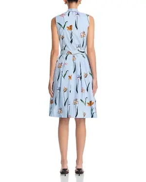 Rickie Freeman For Teri Jon Cotton Print Tie Neck Dress