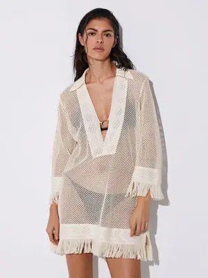 REISS Fabienne Crochet Fringe-trim Beach Dress - Ivory