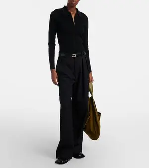 Victoria Beckham Ribbed Knit Zip-up Polo Top - Black