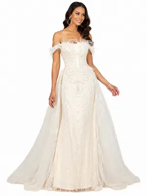 LARA NEW YORK Off Shoulder Gown With Feathers And Rhinestones - Ivory