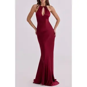 House Of Cb Oliviana Cutout Satin Halter Gown - Wine
