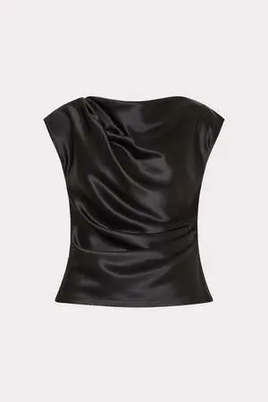 MILLY Hammered Satin Short Sleeve Top - Black