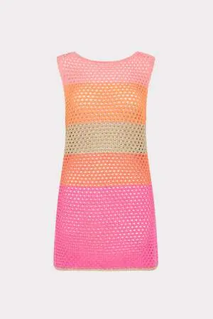 MILLY CABANA Open Stitch Boat Neck Mini Dress - Pink