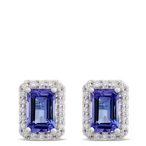 Benbridge 14k White Gold Emerald Cut Tanzanite And Diamond Stud Earrings - Blue