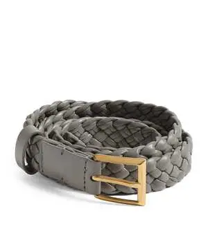 Bottega Veneta Leather Intreccio Solo Belt - Grey