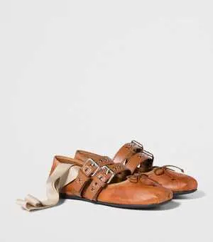 Miu Miu Nappa Leather Buckled Ballerina Flats - Brown