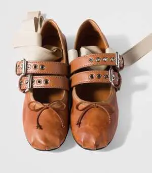 Miu Miu Nappa Leather Buckled Ballerina Flats - Brown