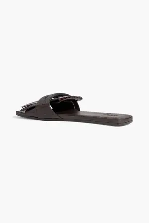 Brunello Cucinelli Bead-embellished Croc-effect Leather Slides With Fringes - Dark Brown