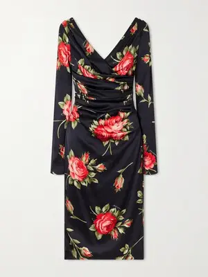 Dolce & Gabbana Ruched Floral-printed Satin Midi Dress - Black