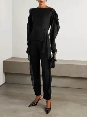 LANVIN Wool-twill Slim-leg Pants With Silk-chiffon Ruffles