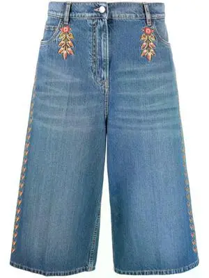 Etro Floral-embroidered Wide-leg Denim Culottes