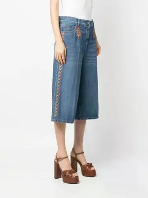 Etro Floral-embroidered Wide-leg Denim Culottes