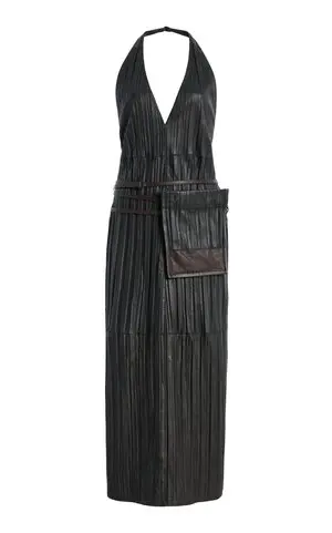LEMAIRE Pleated Leather Apron Midi Dress - Brown