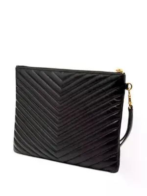 Saint Laurent 2020 Chevron Calfskin Monogram Zip A4 Pouch - Black