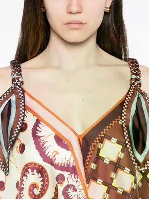 ALEMAIS Wilson Mixed-print Handkerchief-hem V-neck Top - Brown