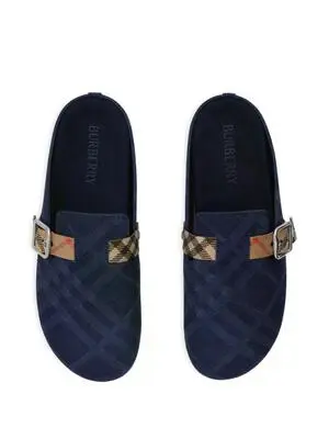 Burberry Embossed Check Denim Clogs With Buckle Strap - Blue