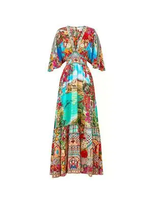 Camilla Waisted Ruffled-hem Maxi Silk Dress - Red
