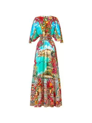 Camilla Waisted Ruffled-hem Maxi Silk Dress - Red