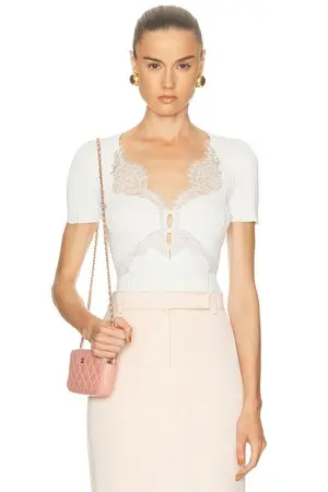 SELF-PORTRAIT Lace Trim Knit Top - White