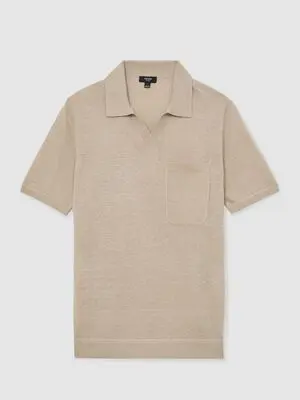 REISS Fairmont Linen Open-collar Knit Polo Shirt - Beige