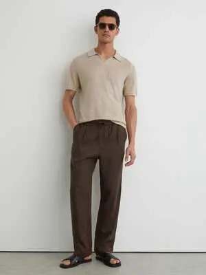 REISS Fairmont Linen Open-collar Knit Polo Shirt - Beige