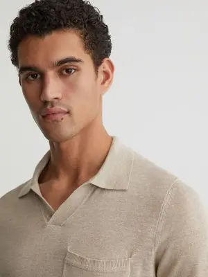REISS Fairmont Linen Open-collar Knit Polo Shirt - Beige