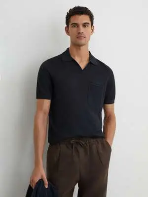 REISS Fairmont Linen Open-collar Knit Polo Shirt - Navy