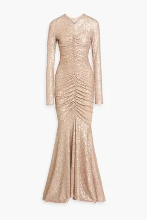 Norma Kamali Ruched Sequined Stretch-mesh Gown