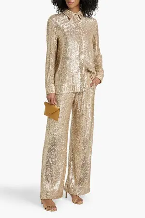 Naeem Khan Sequined Stretch-tulle Wide-leg Pants - Gold