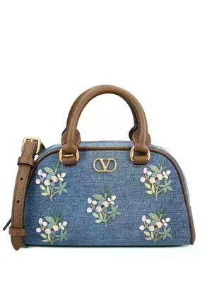 Valentino Garavani Vlogo Signature Mini Top-handle Bag With Floral Embroidery In Denim - Blue