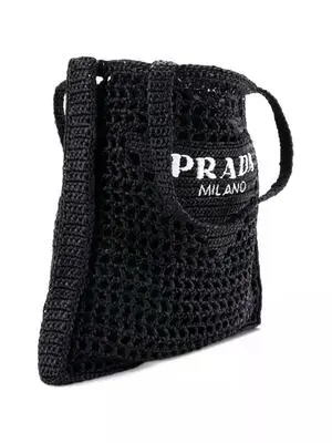 Prada Triangle Logo Open Raffia Tote Bag - Black