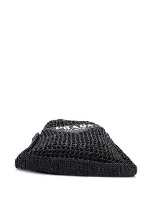 Prada Triangle Logo Open Raffia Tote Bag - Black