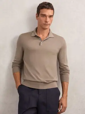 REISS Trafford Merino Wool Long-sleeve Polo Shirt - Camel Brown