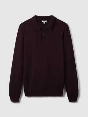 REISS Trafford Merino Wool Long-sleeve Polo Shirt - Dark Bordeaux