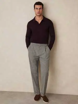 REISS Trafford Merino Wool Long-sleeve Polo Shirt - Dark Bordeaux