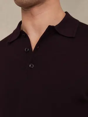REISS Trafford Merino Wool Long-sleeve Polo Shirt - Dark Bordeaux