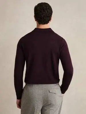 REISS Trafford Merino Wool Long-sleeve Polo Shirt - Dark Bordeaux