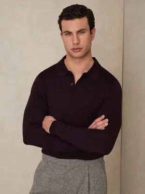 REISS Trafford Merino Wool Long-sleeve Polo Shirt Dark Bordeaux